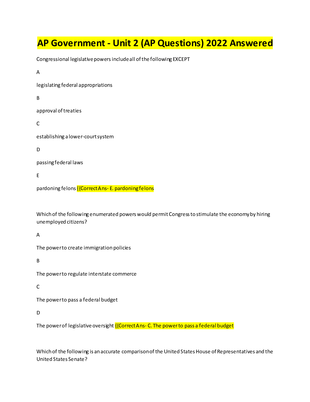 AP Government - Unit 2 (AP Questions) 2022 Answered - Scholarfriends